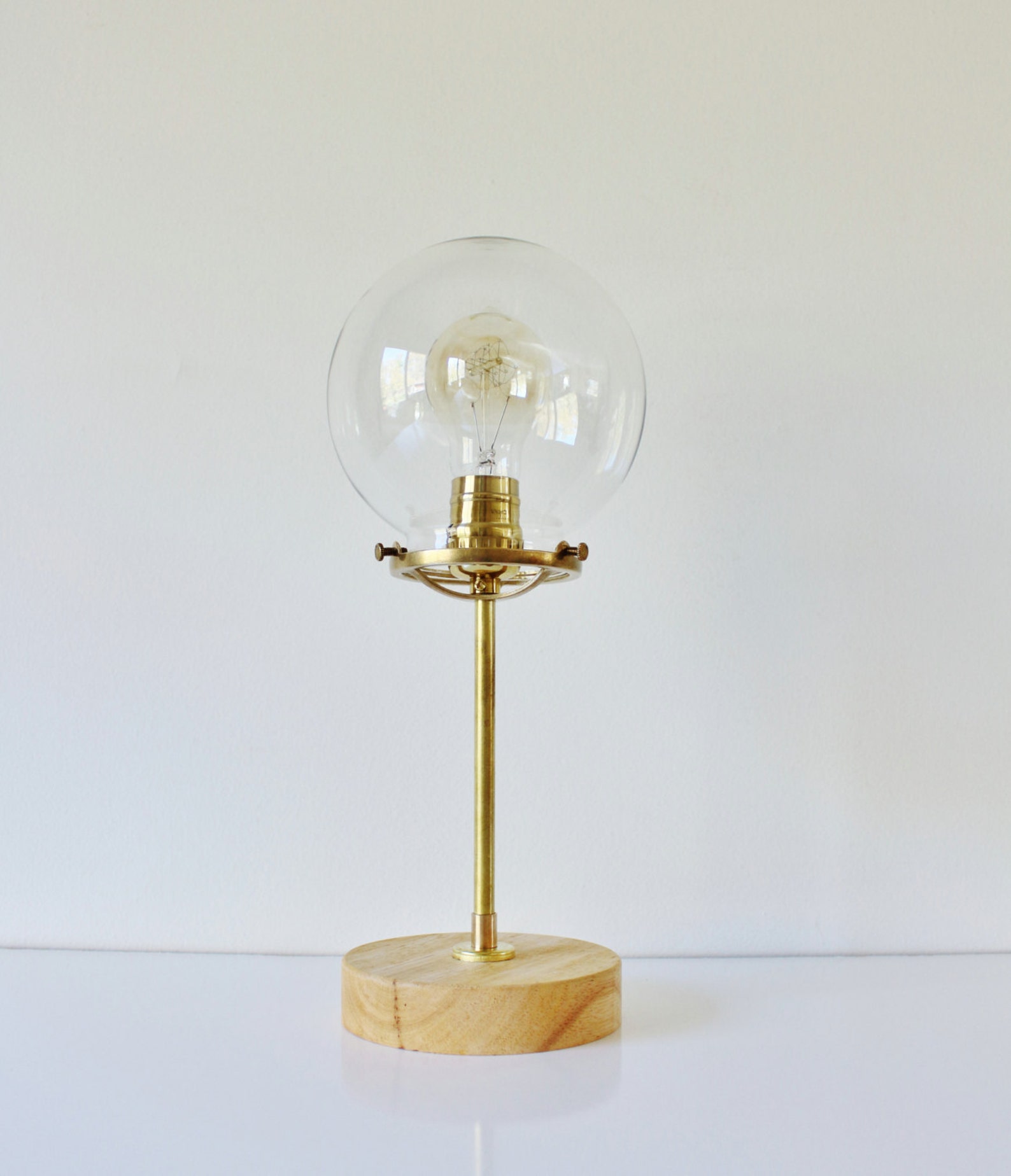 Globe Table Lamp, Industrial Brass and Wood Desk Lamp, Round Clear ...