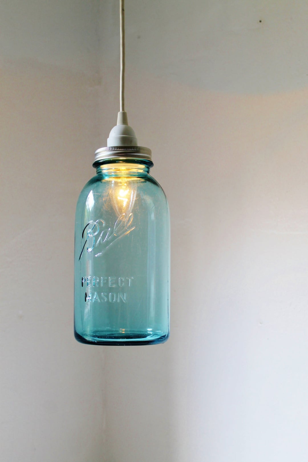 HALF GALLON Blue Mason Jar Pendant Lamp Featuring an Antique Ball Mason ...