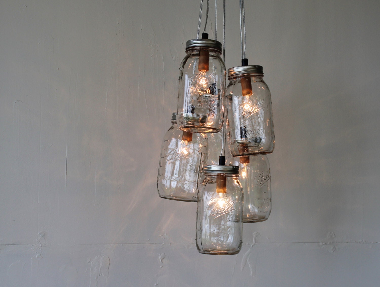 Mason Jar Chandelier 6 Clear Quart Jars Cluster Bootsngus | Etsy
