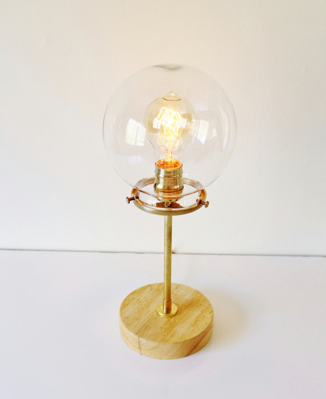 Globe Table Lamp Industrial Brass and Wood Desk Lamp Round - Etsy