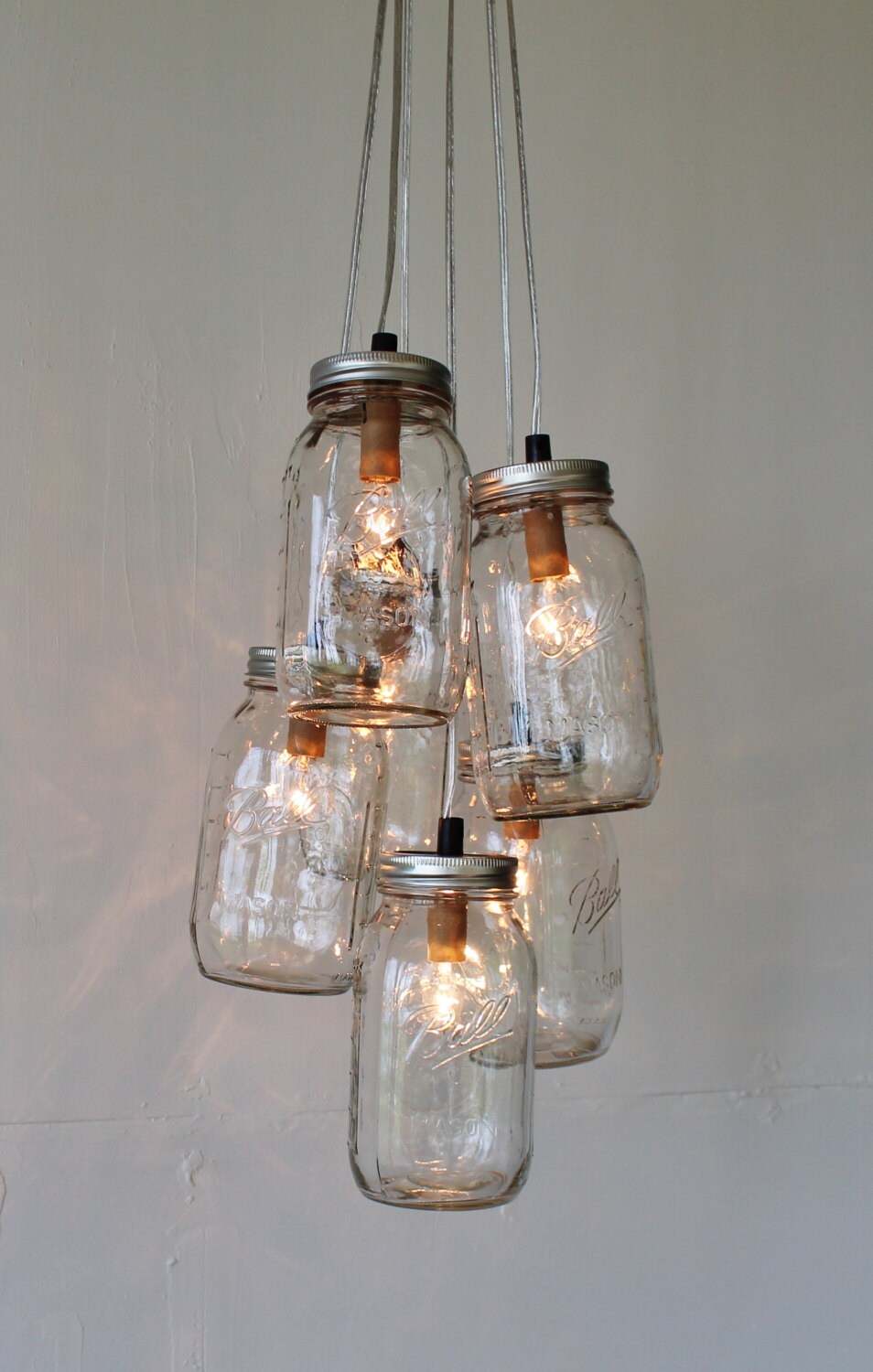 Mason Jar Chandelier 6 Clear Quart Jars Cluster Bootsngus | Etsy