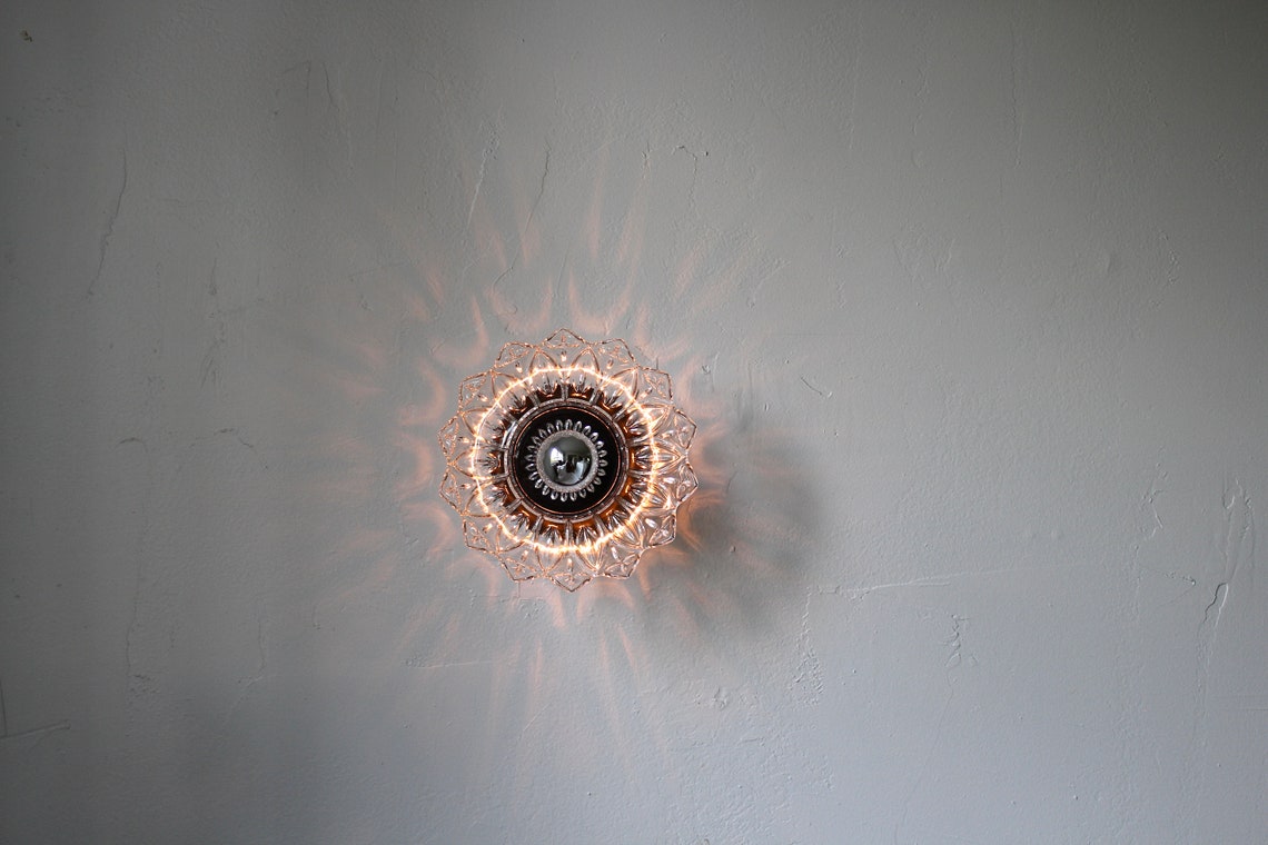 Sconce Lamp, Vintage Federal Glass Clear Flower Plate Shade, Flush ...