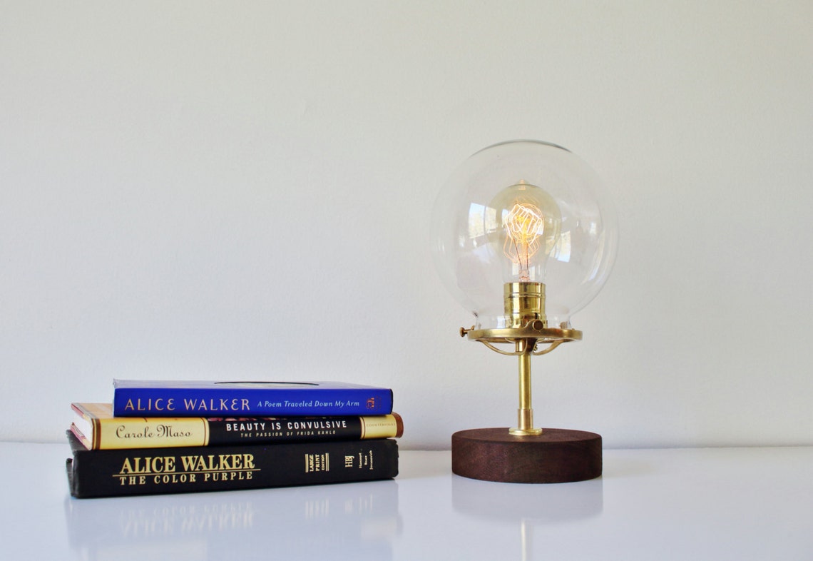 Globe Table Lamp Industrial Brass and Wood Desk Lamp Round - Etsy