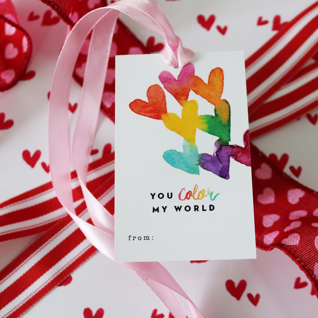 Watercolor Hearts Valentine Card, You Color My World, Printable Class ...