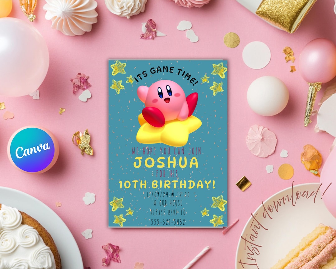 Kirby Birthday Invitation: Editable Gamer Party Invite (canva Download ...