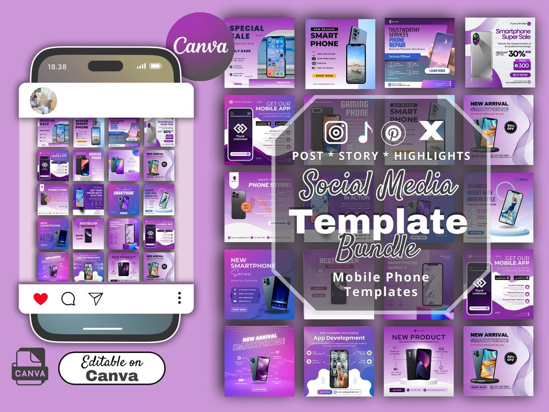 Editable Mobile Phone Social Media Templates | Custom Canva Designs - Etsy