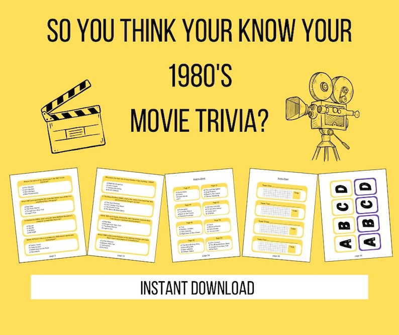 Retro Movie Quiz Printable PDF Party Download Game Bundle 80s Theme ...