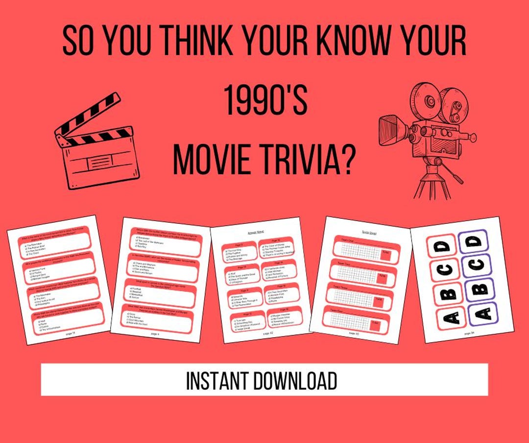 Retro Movie Quiz Printable PDF Party Download Game Bundle 90s Theme ...