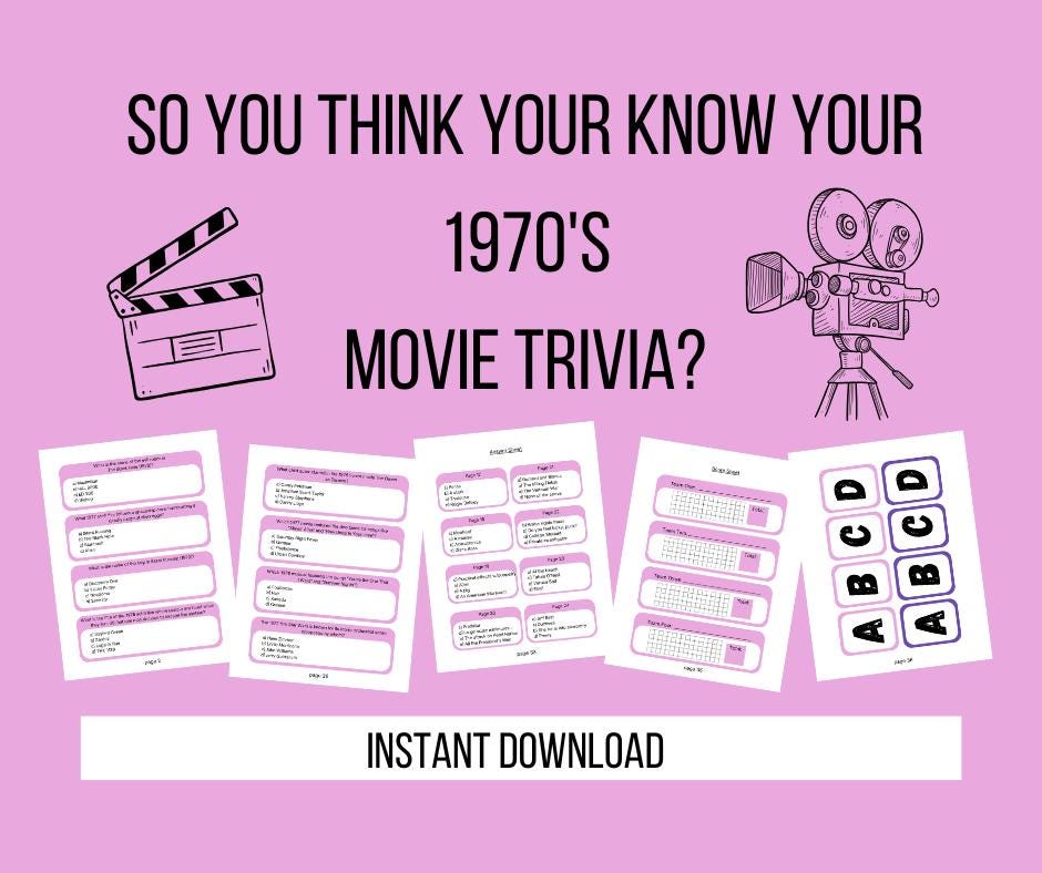 Retro Movie Quiz Printable PDF Party Download Game Bundle 70s Theme ...