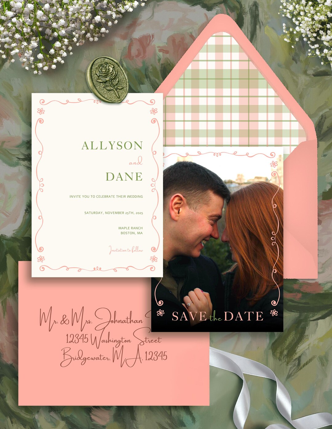 Summer Rose Save the Date Card With Hand Drawn Illustrations, Garden ...