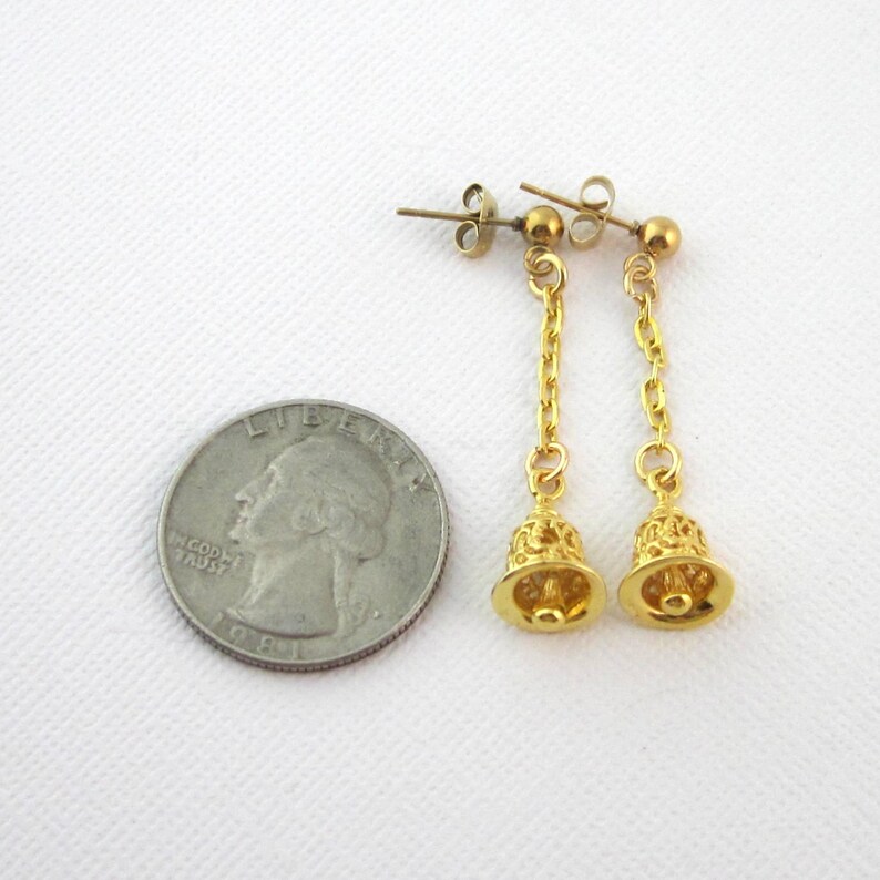 Little Gold Filigree Bell Earrings, Dangling Small Bell Charms on Chain ...