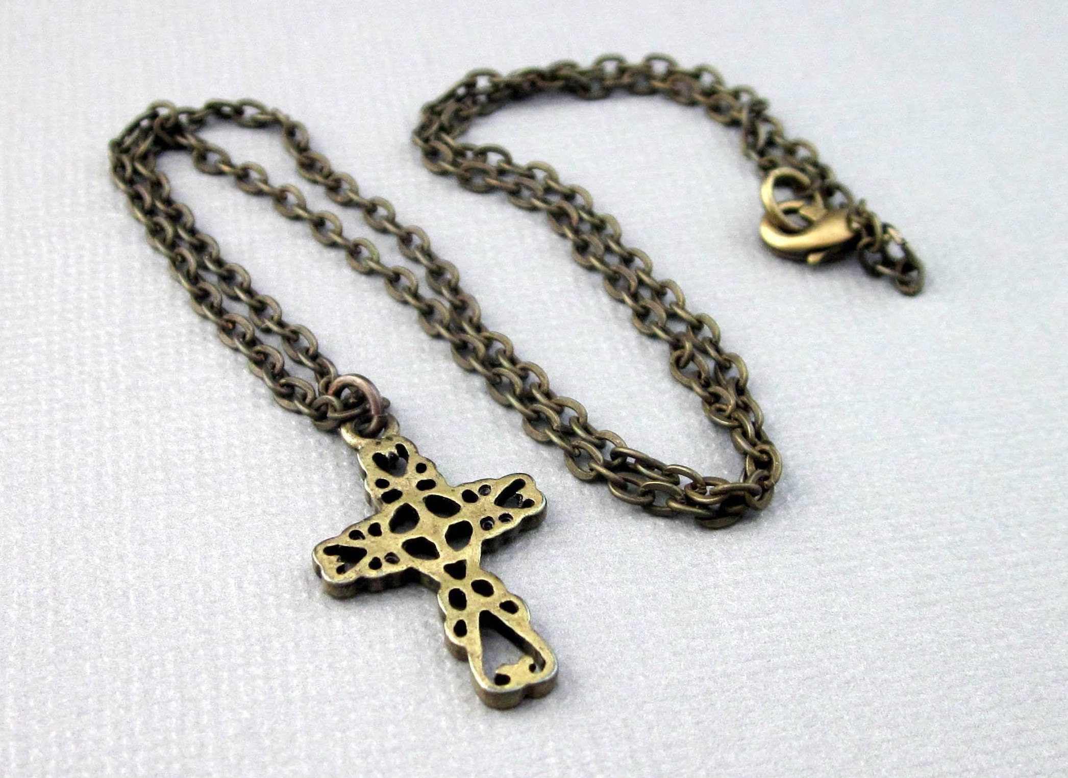 Antiqued Brass Small Size Cross Necklace, Cut Out Filigree Cross, Very ...