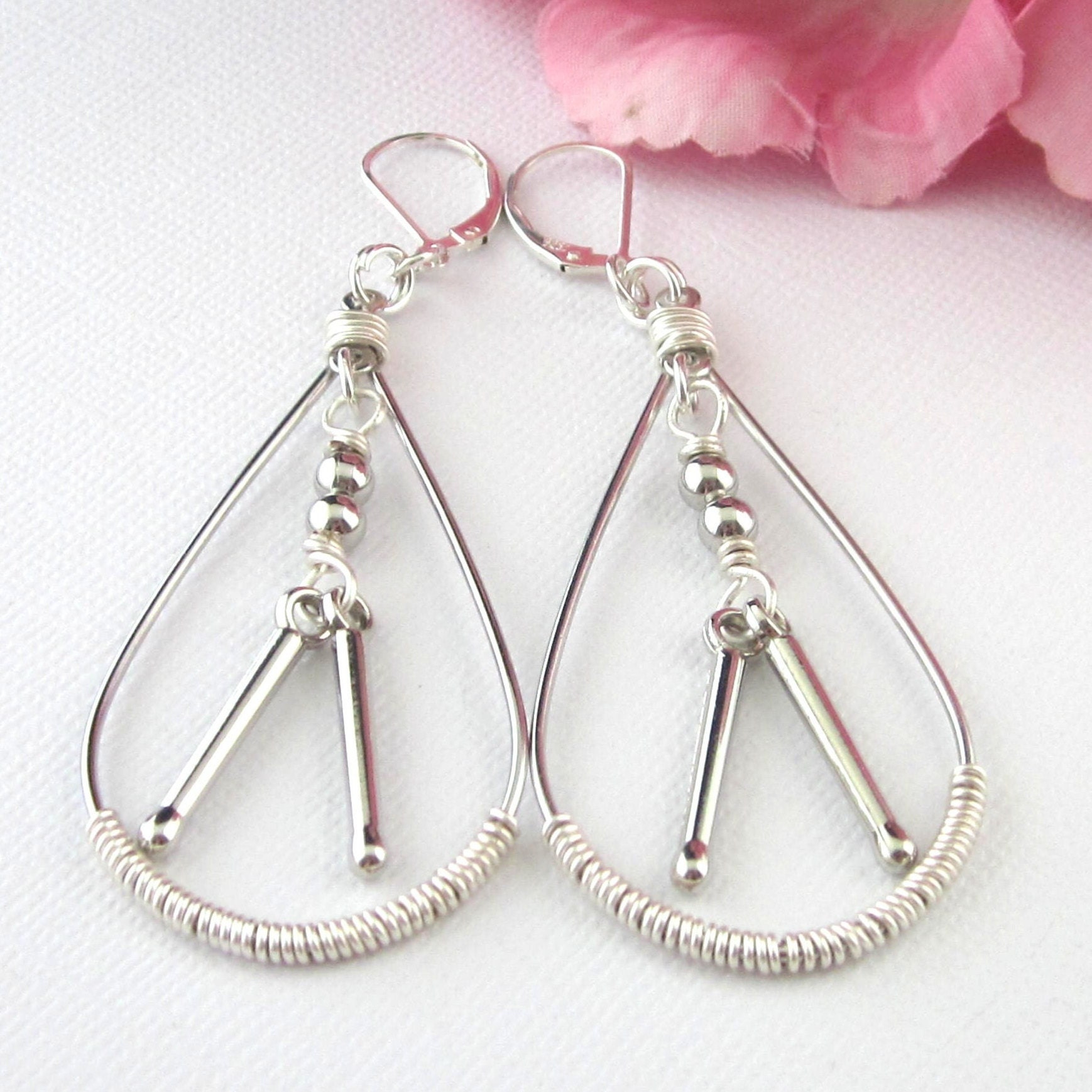Drumstick Earrings in Wire Wrapped Teardrop Shape Hoops, Percussionist ...