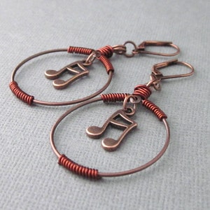 Copper 16th Note Earrings With Wire Wrapped Hoops Sixteenth - Etsy