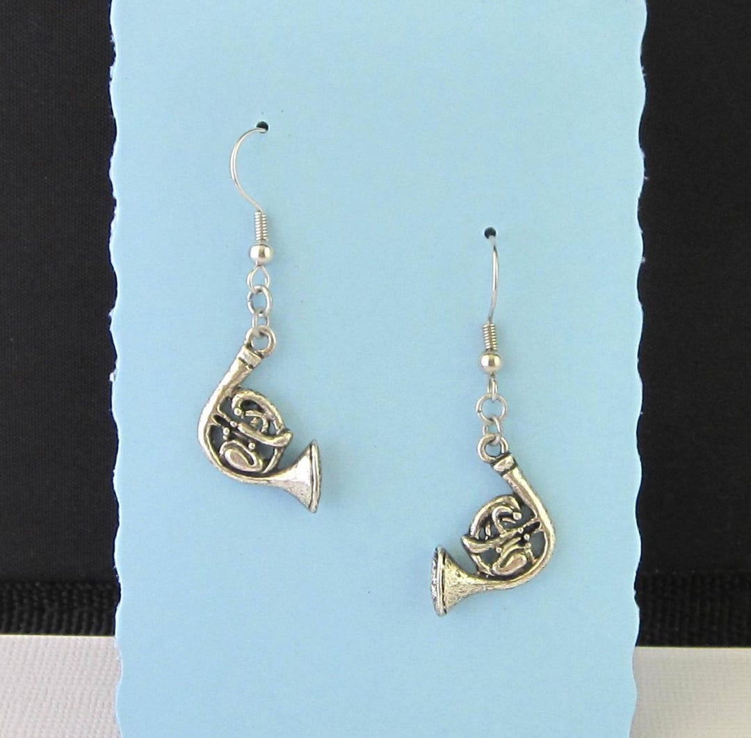 Silver French Horn Charm Earrings With Vintage Look, Double Sided ...