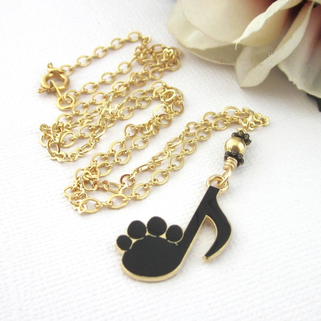 Black and Gold Both Paw Print and Music 8th Note Pendant Necklace ...