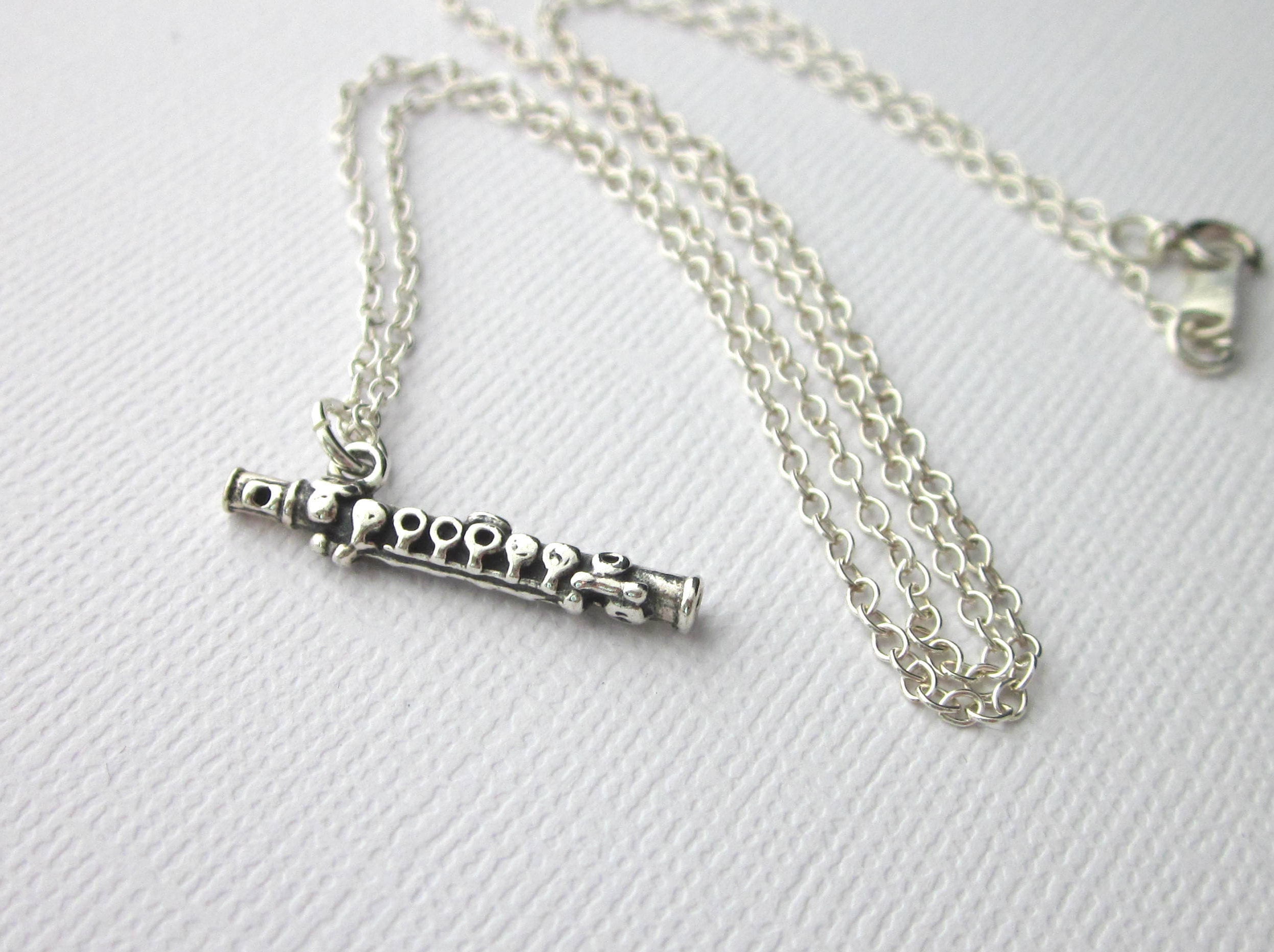 Sterling Silver Flute Necklace, Small Flute Charm With Chain, Woodwind ...