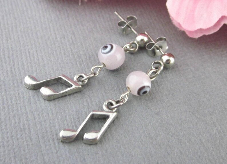 Silver Pewter Sixteenth Note Earrings With Pink Evil Eye Beads - Etsy