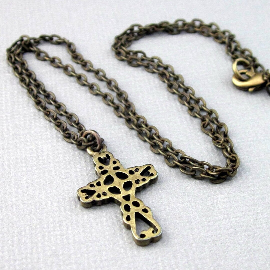 Antiqued Brass Small Size Cross Necklace, Cut Out Filigree Cross, Very ...