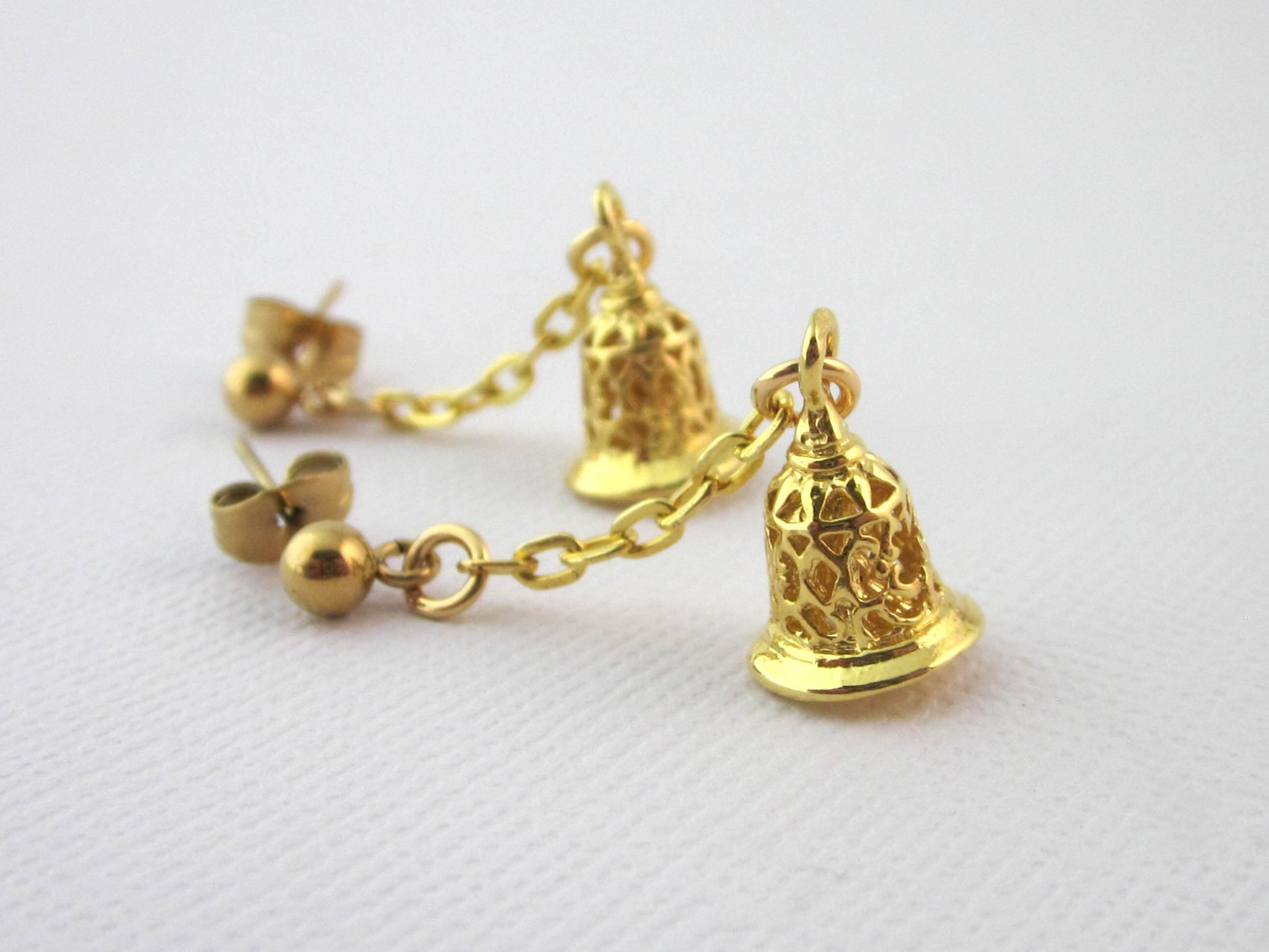 Little Gold Filigree Bell Earrings, Dangling Small Bell Charms on Chain ...
