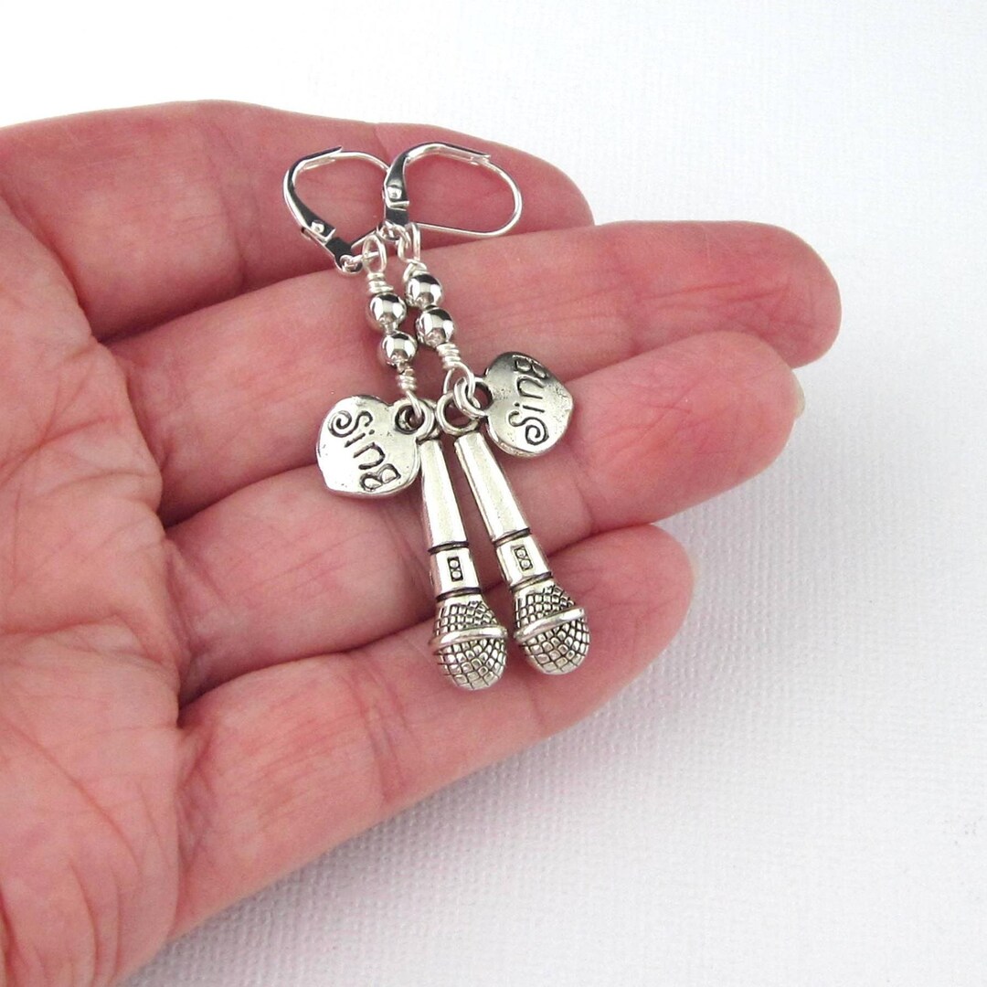 Microphone Lever Back Earrings: Engraved Heart Charm, Karaoke Gift - Etsy
