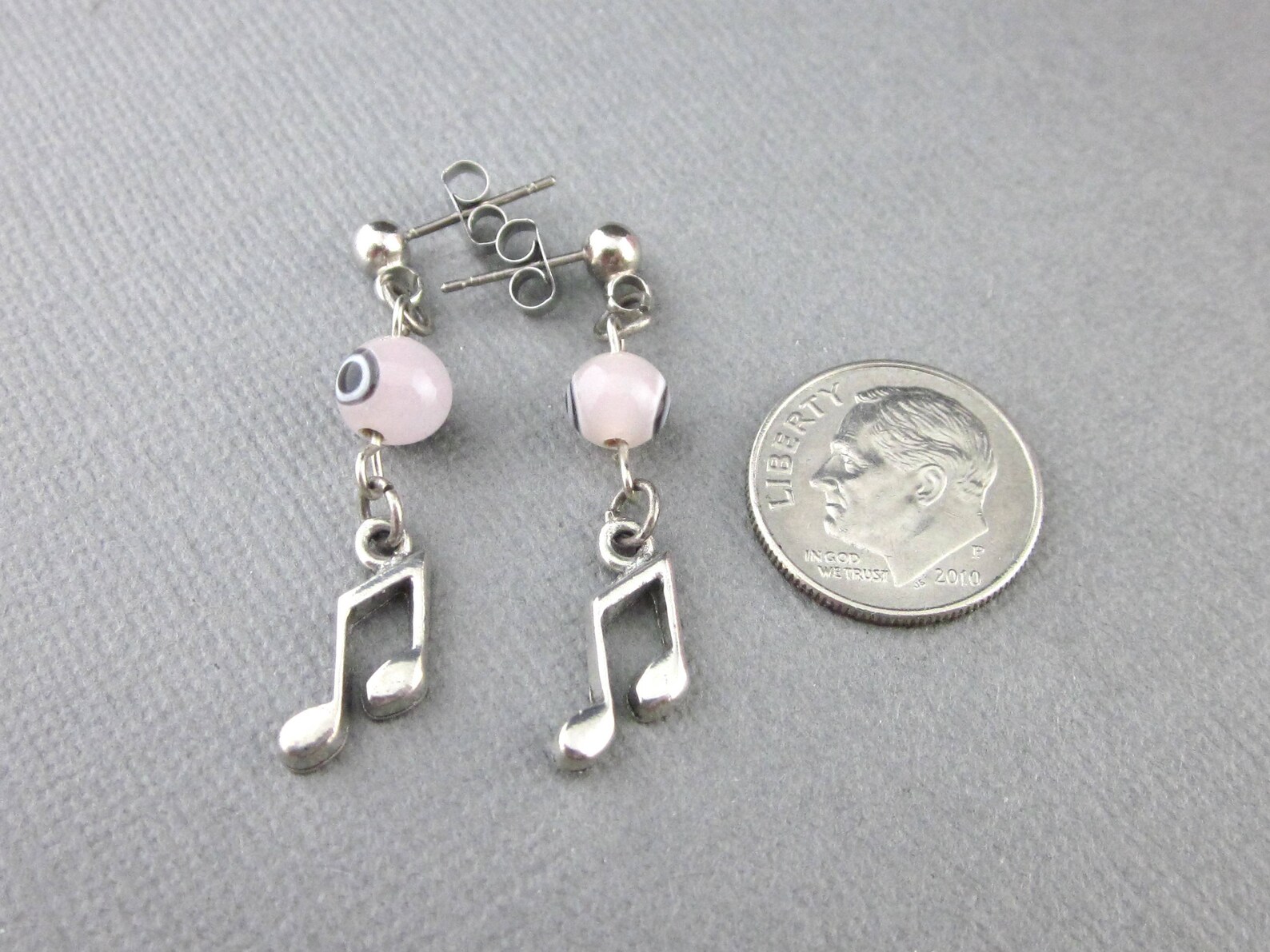 Silver Pewter Sixteenth Note Earrings With Pink Evil Eye Beads and ...