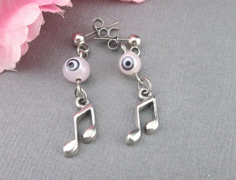 Silver Pewter Sixteenth Note Earrings With Pink Evil Eye Beads - Etsy