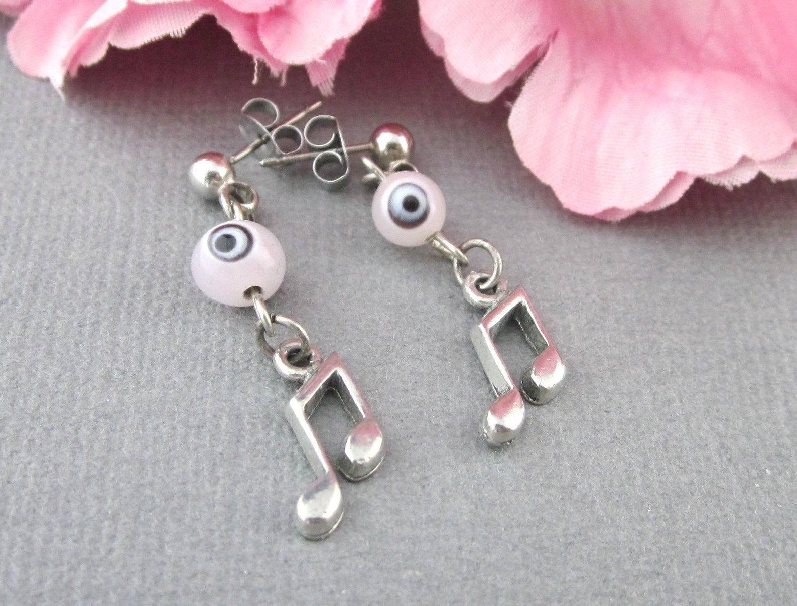 Silver Pewter Sixteenth Note Earrings With Pink Evil Eye Beads - Etsy