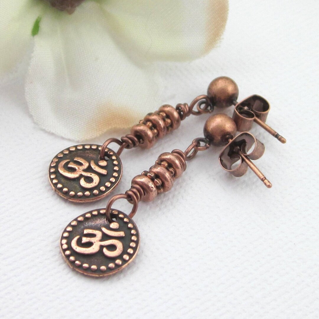 Small Antiqued Copper Om Symbol Earrings, Dangling Om Charm Earrings ...