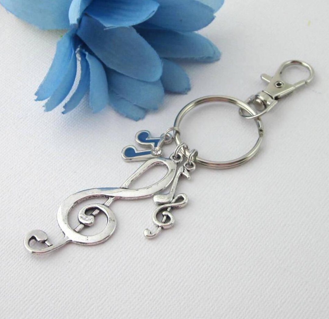 Large Treble Clef Key Chain Ring With Music Note Charms in Silver and ...