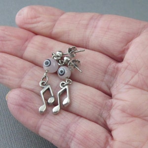 Silver Pewter Sixteenth Note Earrings With Pink Evil Eye Beads and ...