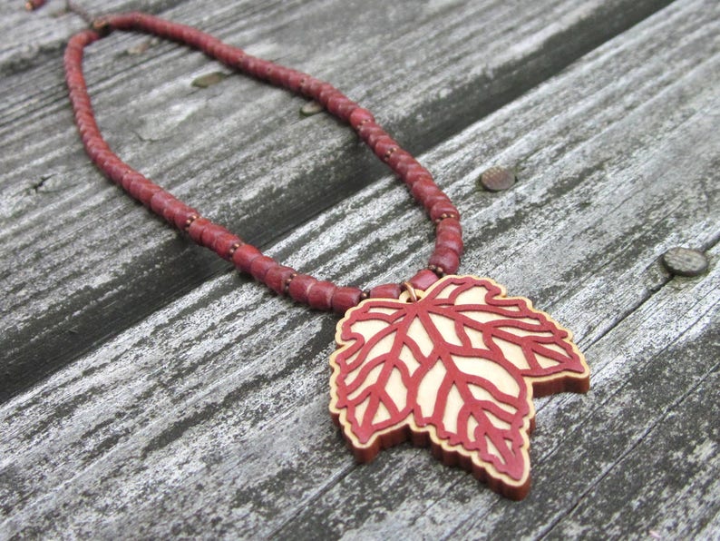 Laser Cut Carved Wooden Maple Leaf Pendant Beaded Necklace - Etsy