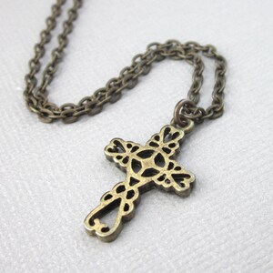 Antiqued Brass Small Size Cross Necklace, Cut Out Filigree Cross, Very ...
