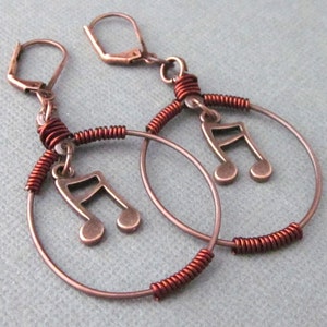 Copper 16th Note Earrings With Wire Wrapped Hoops Sixteenth - Etsy