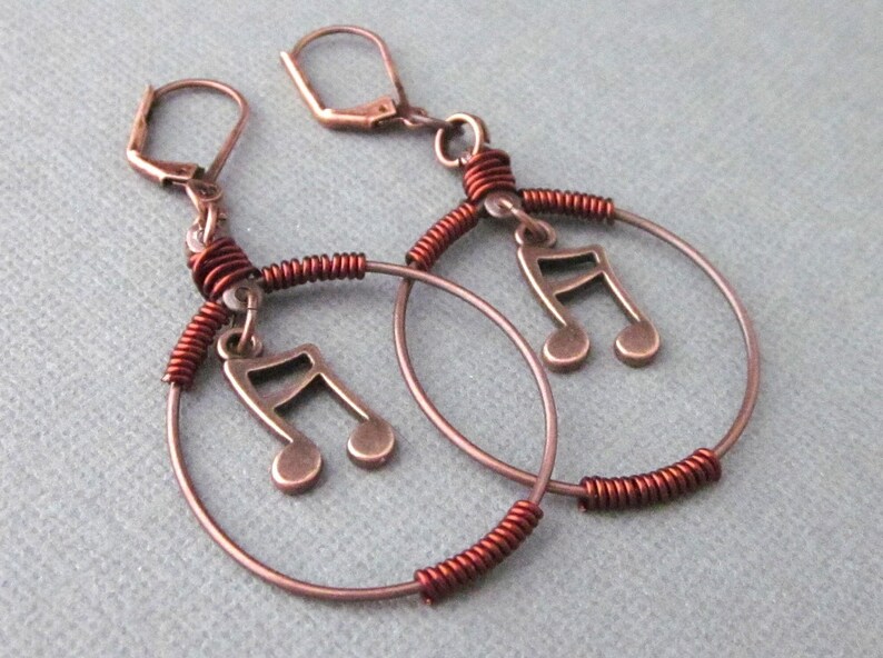 Copper 16th Note Earrings With Wire Wrapped Hoops Sixteenth - Etsy