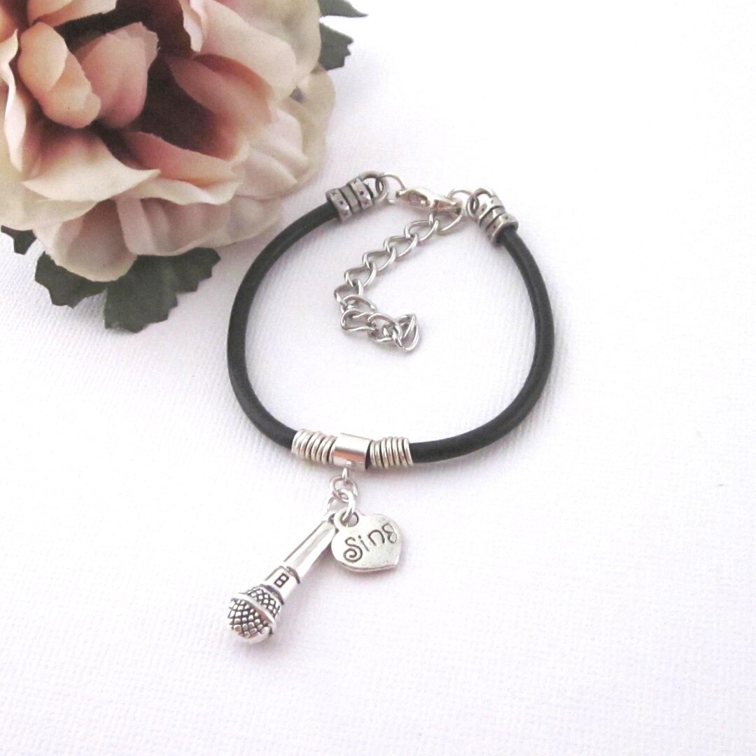 Microphone Charm Bracelet With Black Leather Cord, Adjustable Size ...
