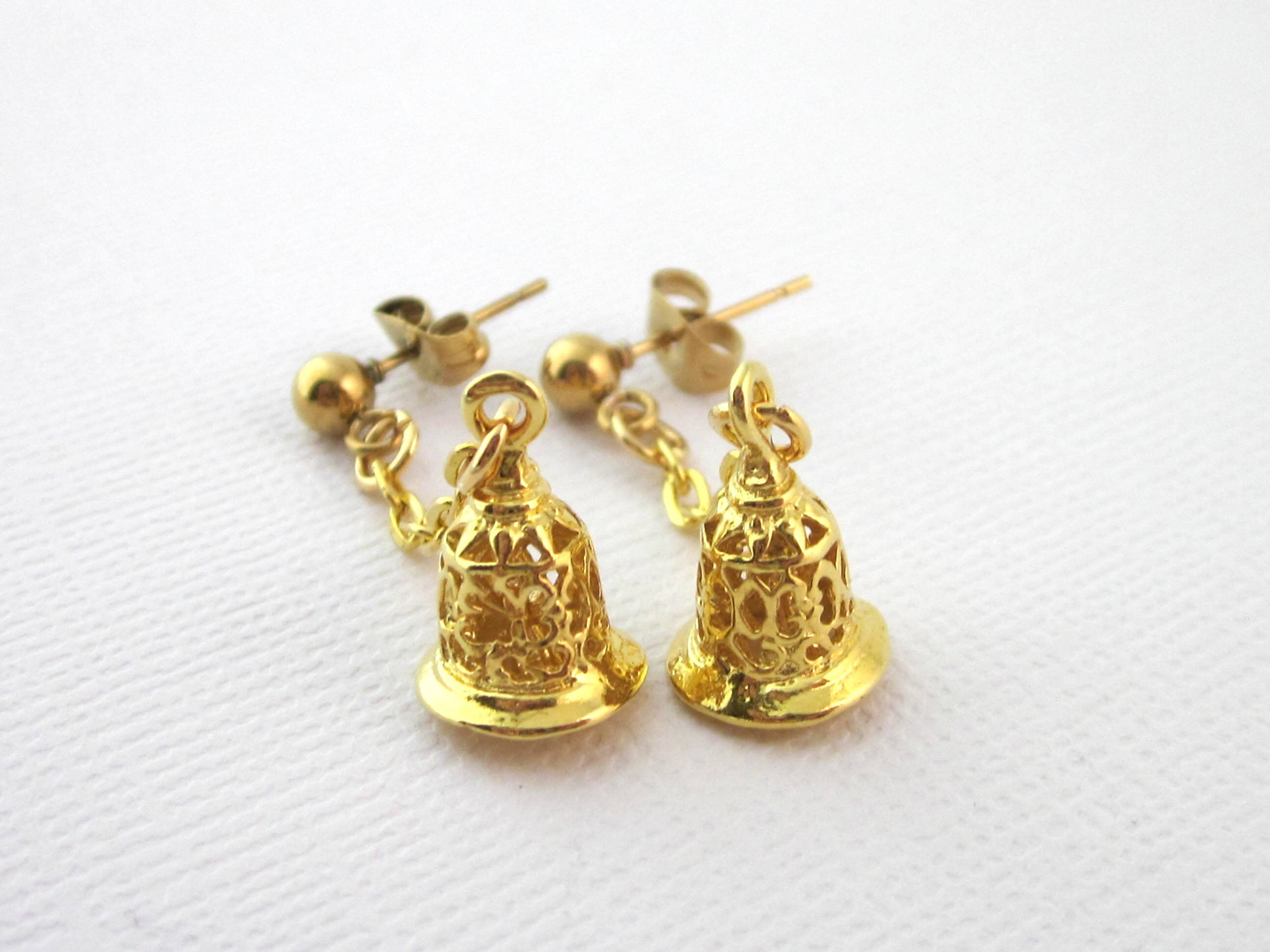 Little Gold Filigree Bell Earrings, Dangling Small Bell Charms on Chain ...