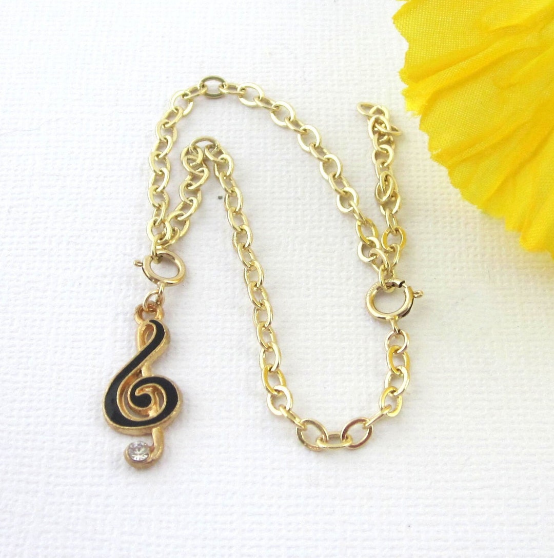 Gold Chain Charm Bracelet With Black Treble Clef, Dainty Chain Music ...