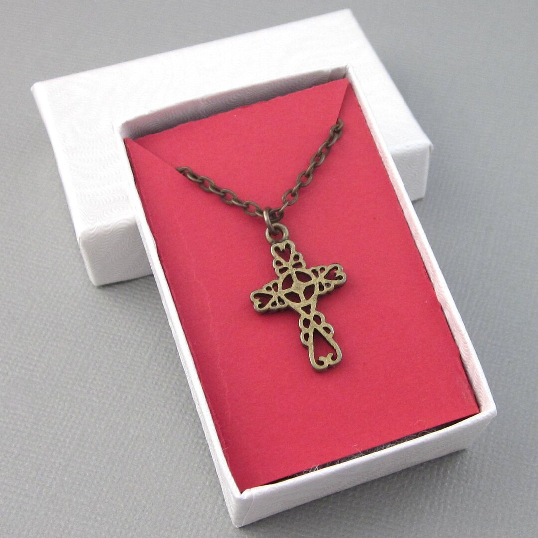 Antiqued Brass Small Size Cross Necklace, Cut Out Filigree Cross, Very ...