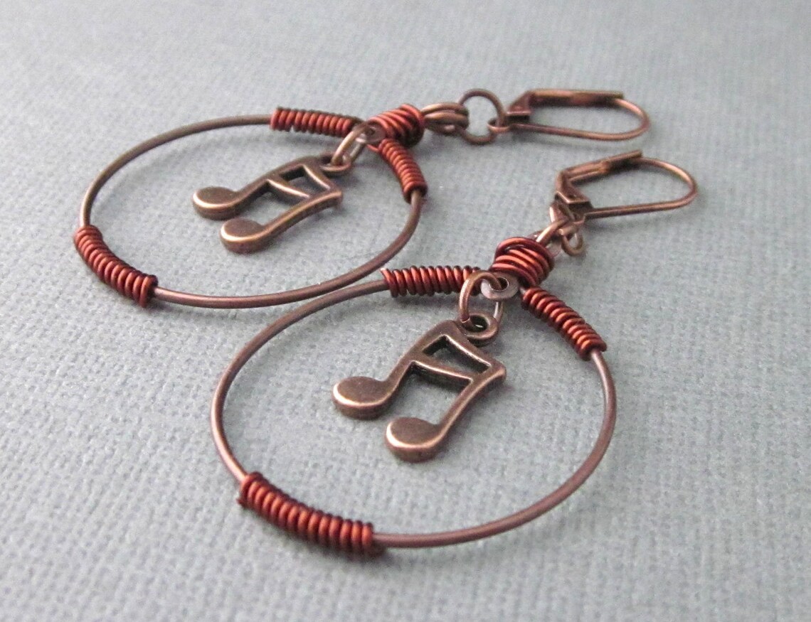 Copper 16th Note Earrings With Wire Wrapped Hoops Sixteenth - Etsy
