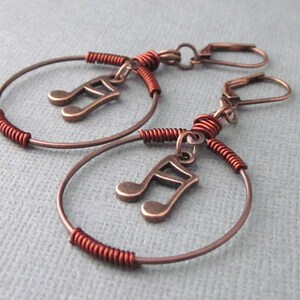Copper 16th Note Earrings With Wire Wrapped Hoops Sixteenth - Etsy