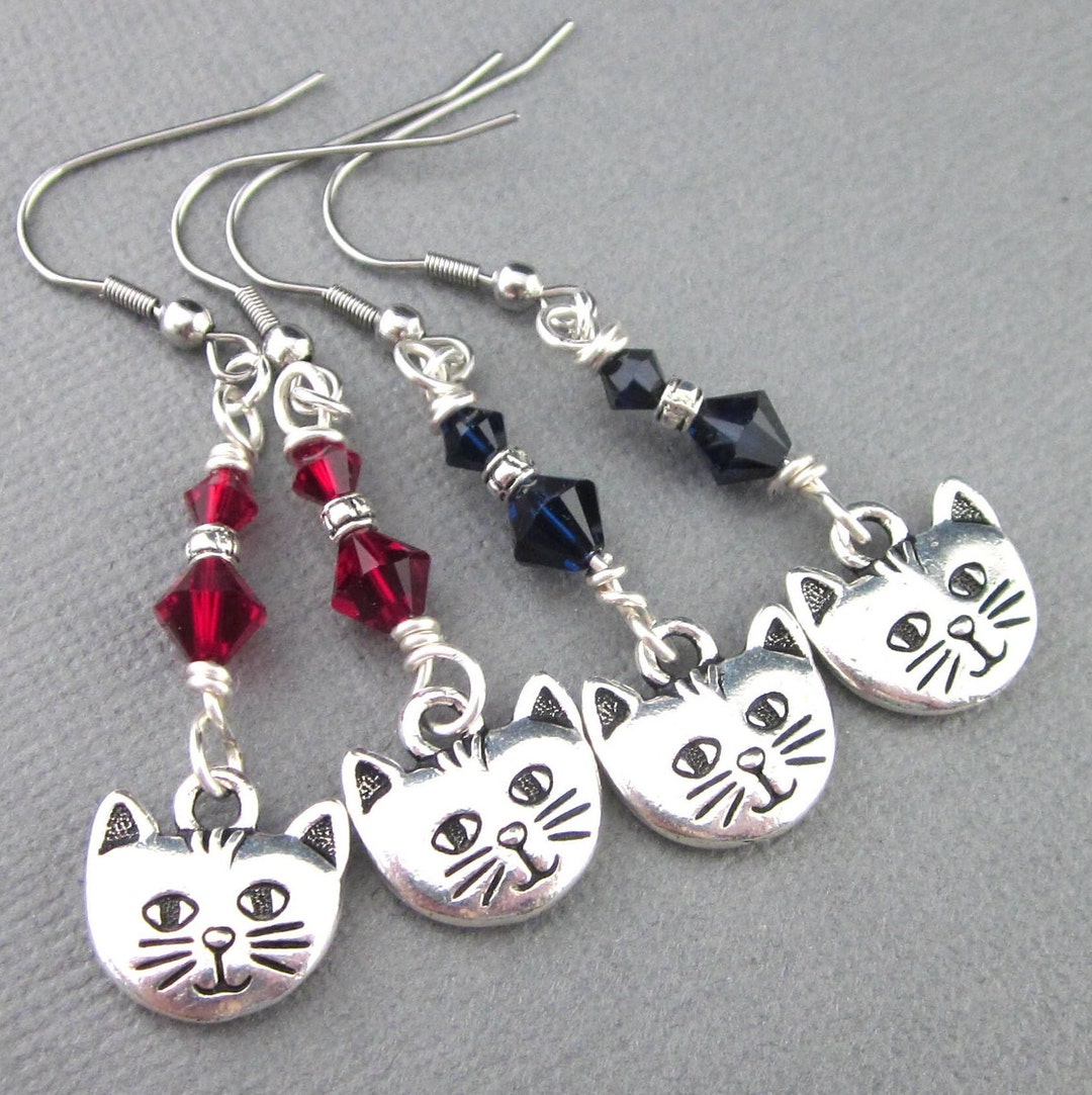 Silver Cat Face Charm Earrings With Dark Red or Blue Crystals, Double ...
