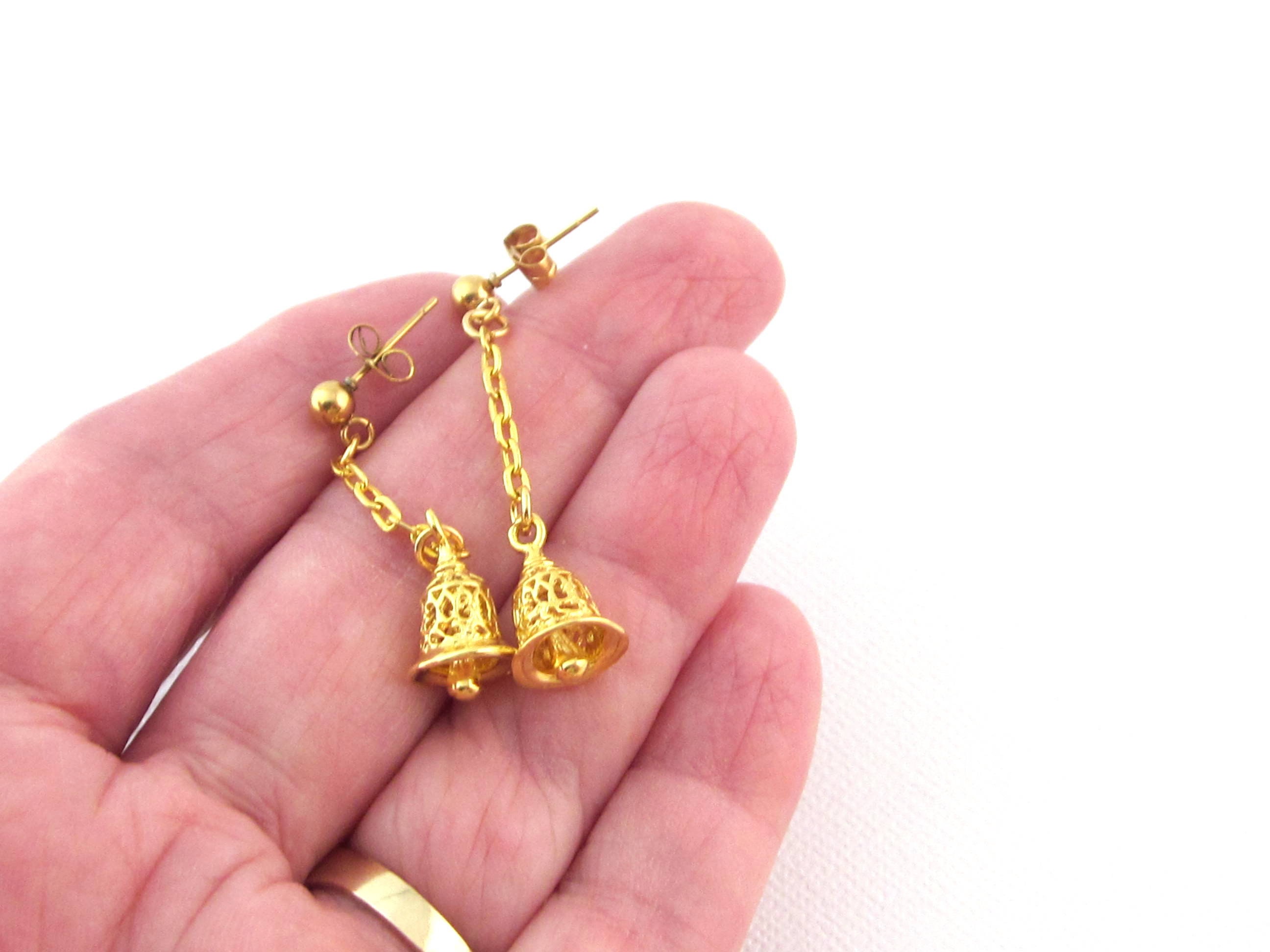 Little Gold Filigree Bell Earrings, Dangling Small Bell Charms on Chain ...