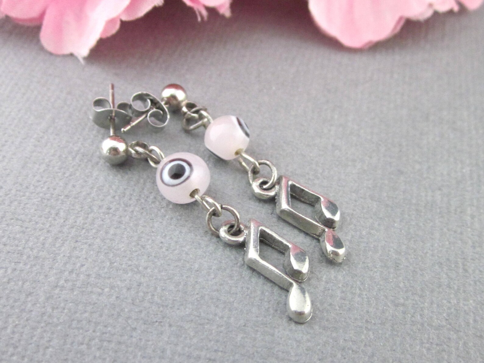 Silver Pewter Sixteenth Note Earrings With Pink Evil Eye Beads - Etsy