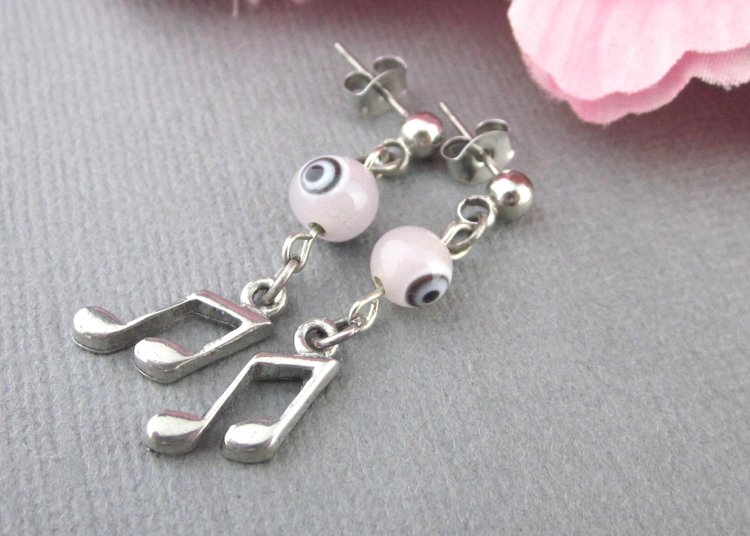 Silver Pewter Sixteenth Note Earrings Pink Evil Eye Bead | Etsy