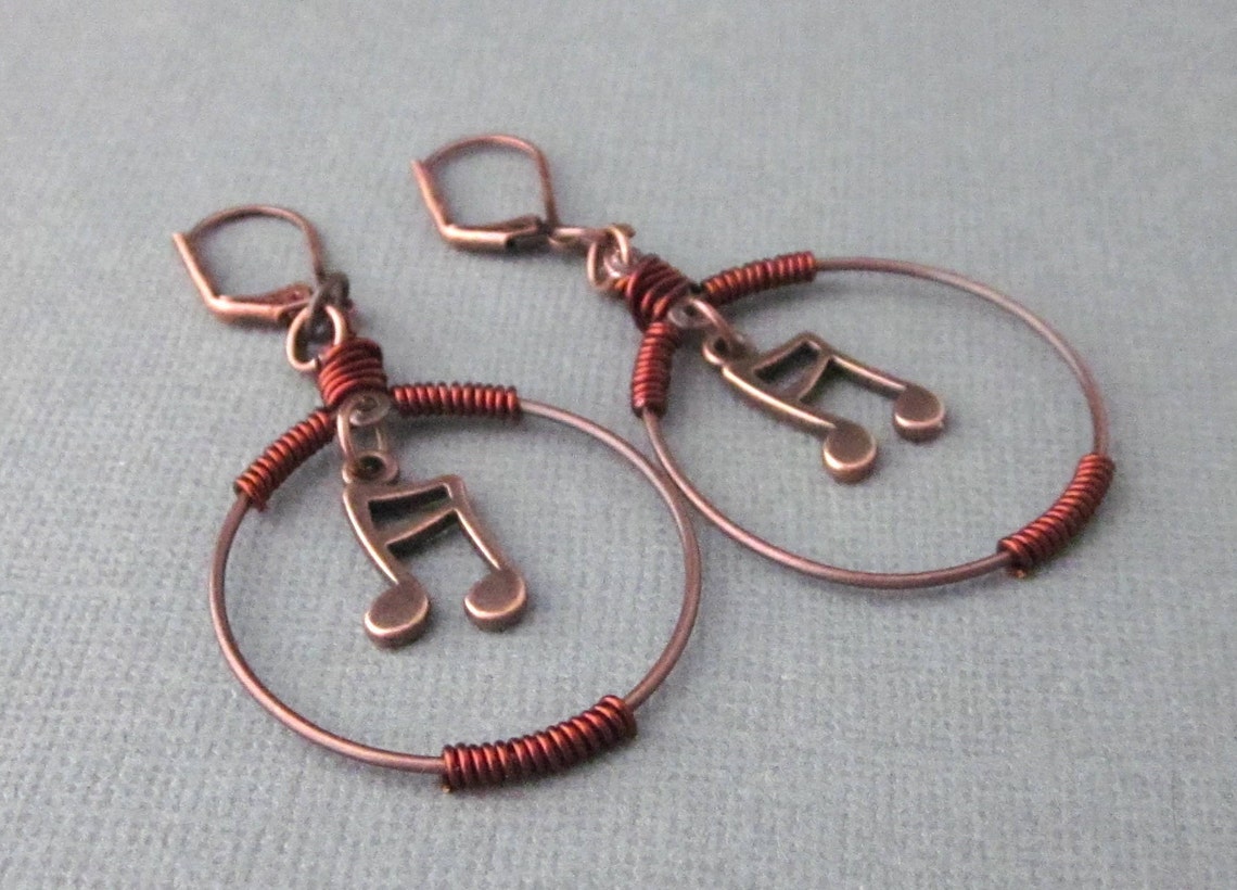 Copper 16th Note Earrings With Wire Wrapped Hoops Sixteenth - Etsy
