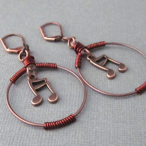 Copper 16th Note Earrings With Wire Wrapped Hoops Sixteenth - Etsy