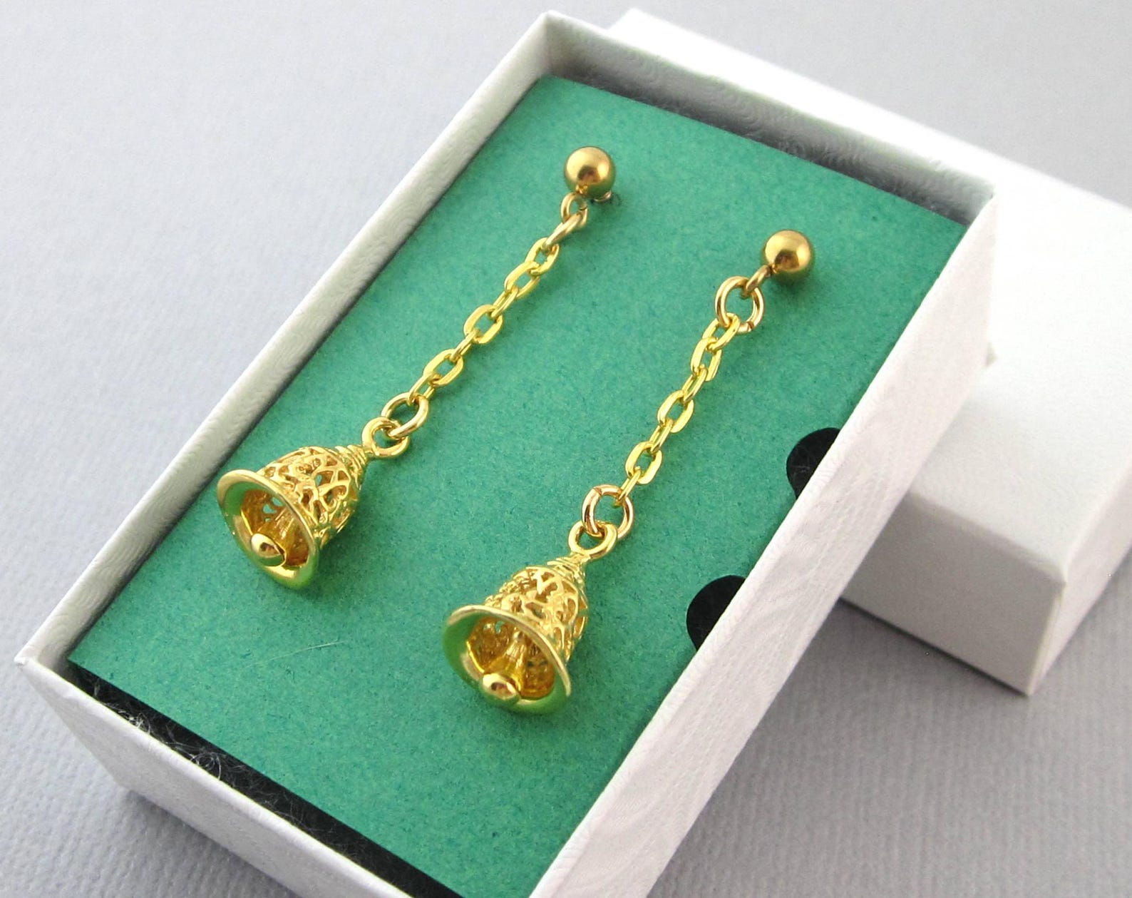 Little Gold Filigree Bell Earrings, Dangling Small Bell Charms on Chain ...