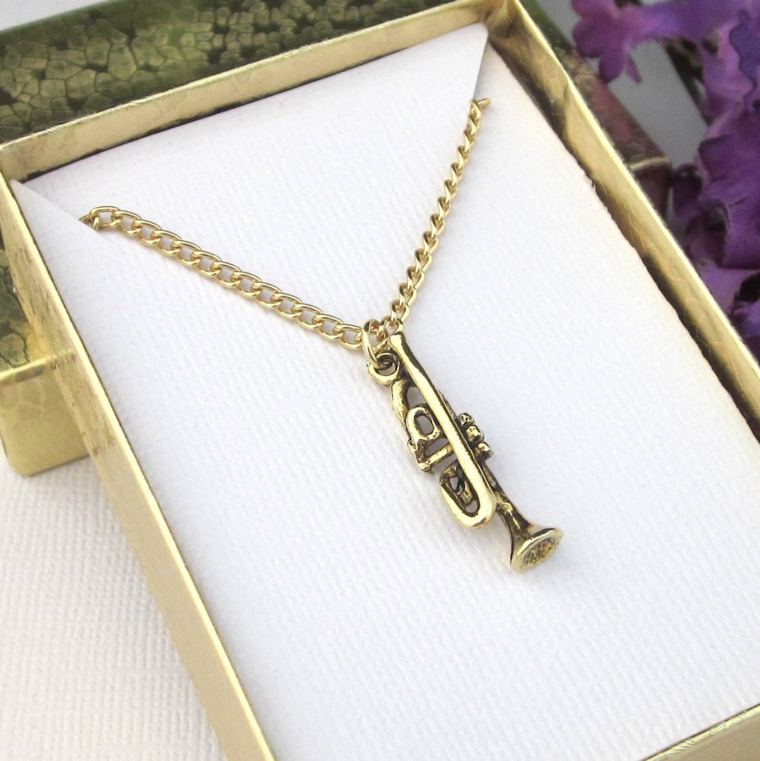 Gold Trumpet Necklace, Trumpet Charm With Chain Necklace, Vintage Look ...