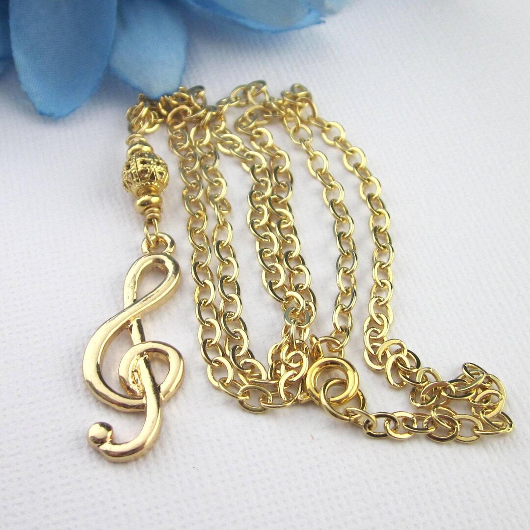 Gold Treble Clef Pendant Necklace, One Inch Gold Music Note Necklace ...